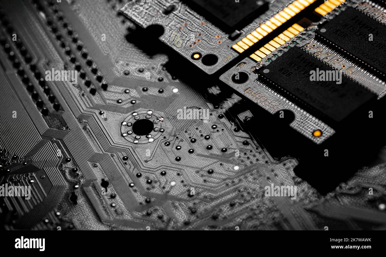 Macro Close up of computer RAM chip; random access memory chip slot for ...