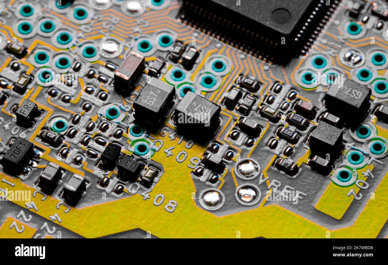Macro Close up of printed wiring and components on PC circuit board ...