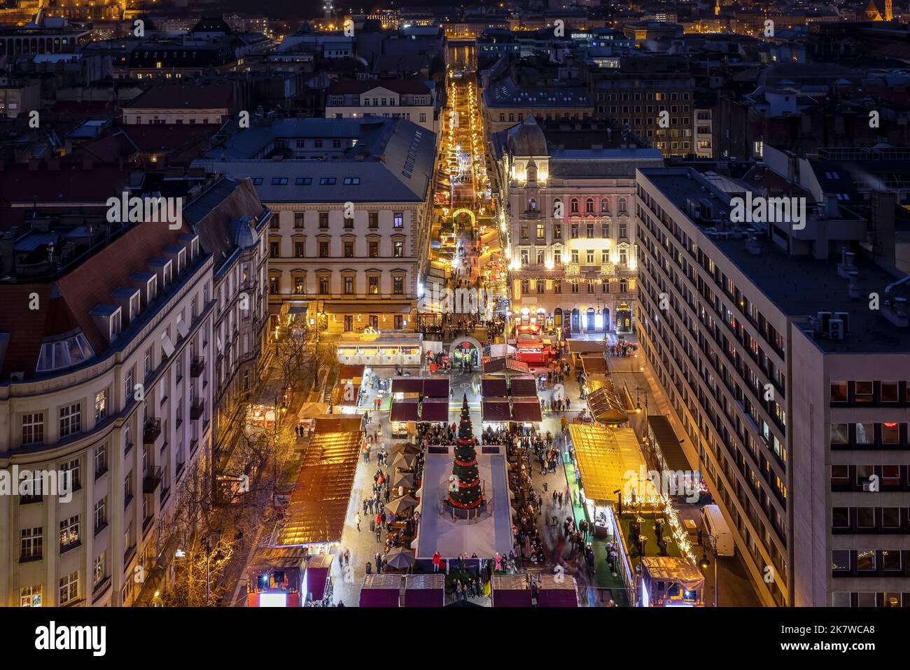 Elevated night view of the famous Christmas market in Budapest at the ...