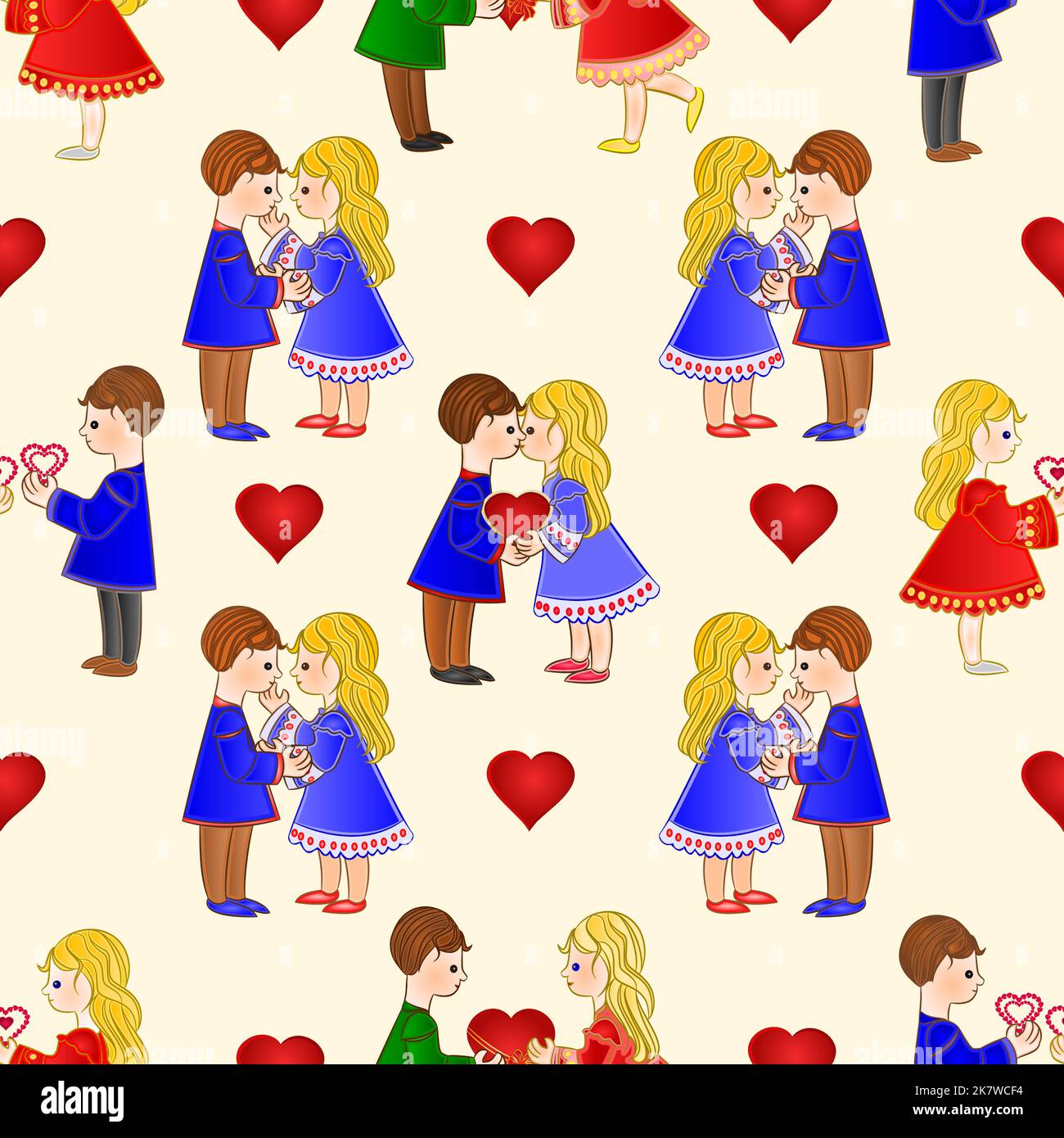 Seamless texture Valentines Cute figure Kids and hearts vintage ...