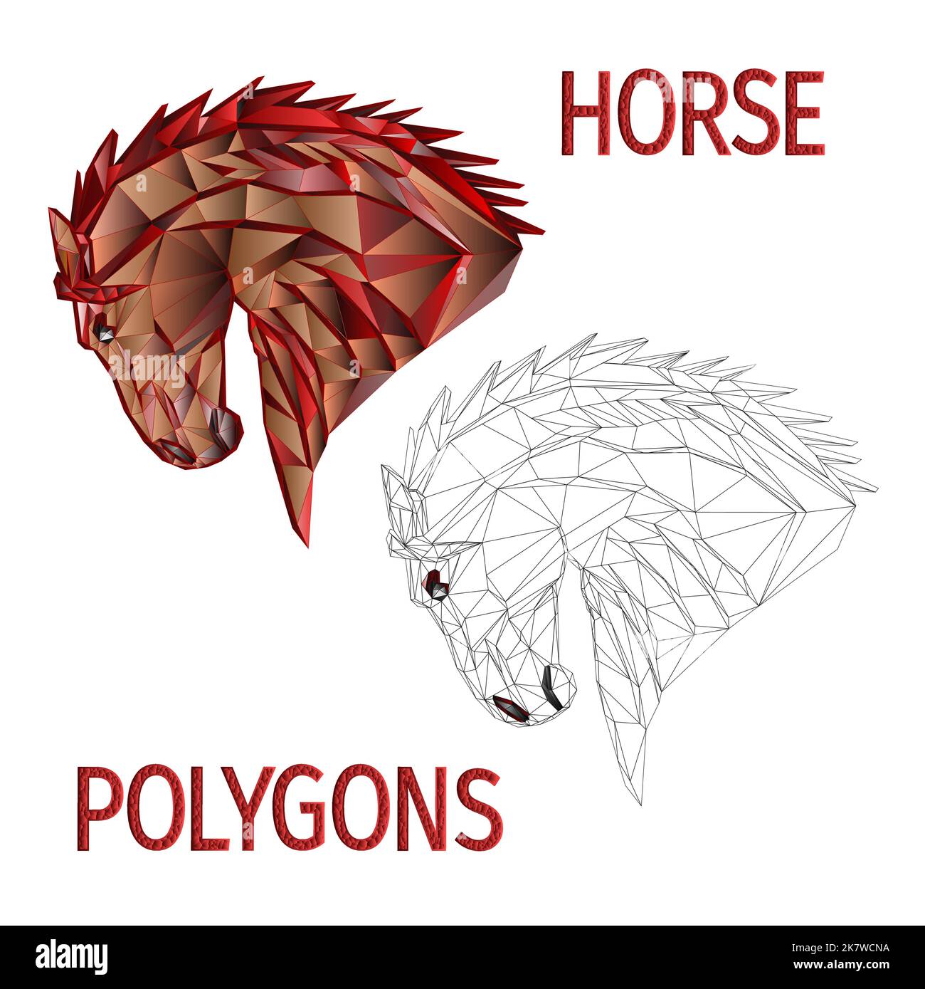 Horse red head polygons coloured and outline vector illustration Stock ...