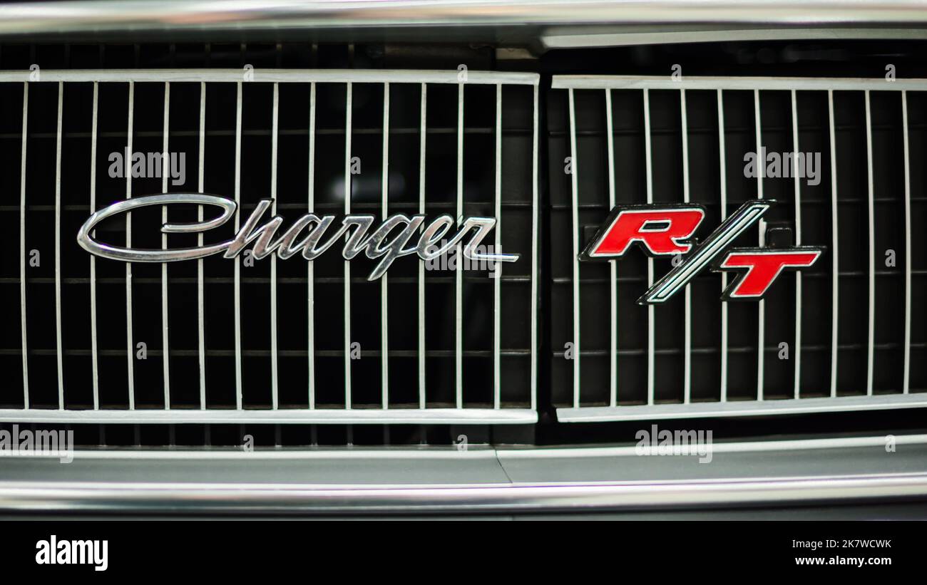DETROIT, MI/USA - MARCH 8: Close-up of a Dodge Charger R/T Logo ...