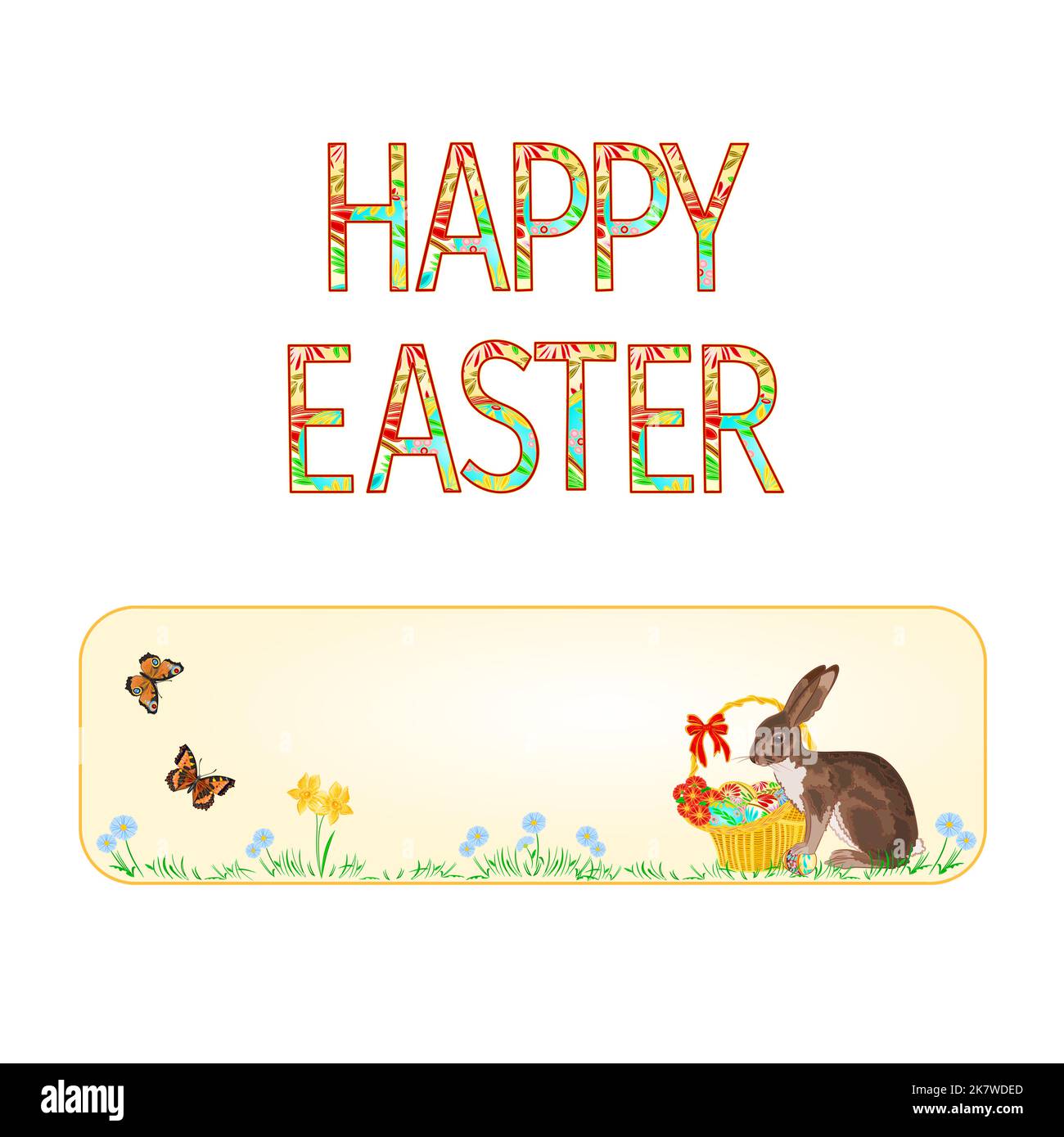 Banner Happy easter Bunny and basket with Easter eggs and butterfly ...