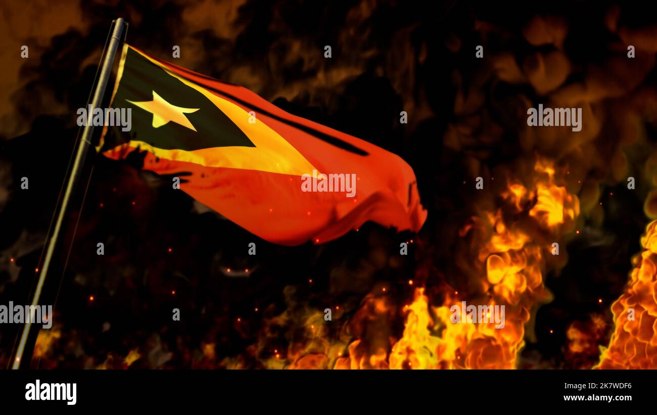 flag of Timor Leste on burning fire bg - hard times concept - abstract ...