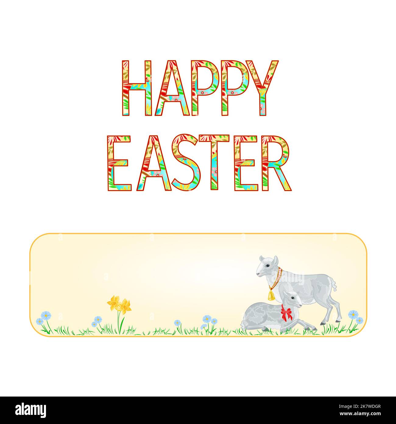 Banner Happy easter lamb and sheep with spring flowers vintage vector ...