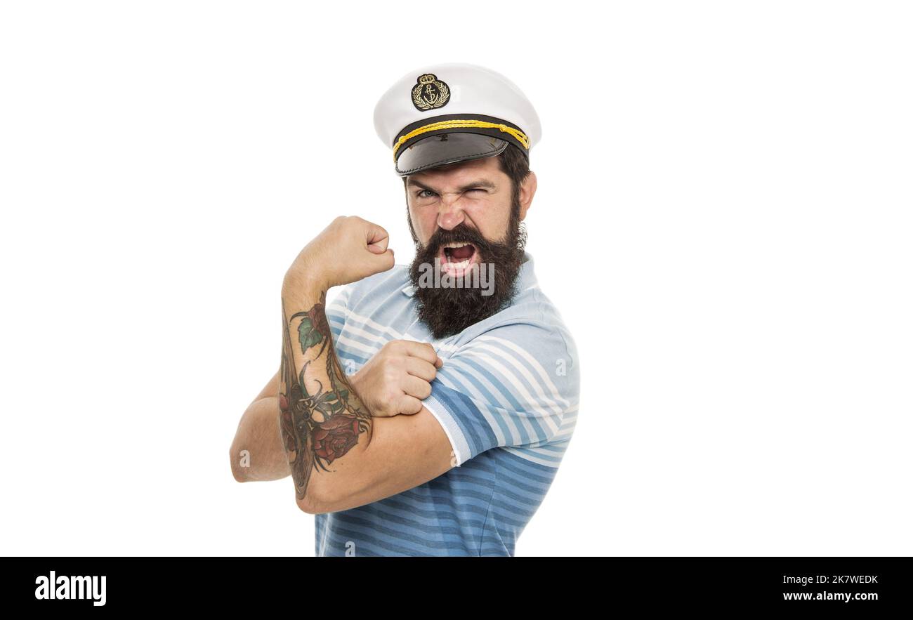 Strong muscles. Sailor spirit. Bearded sailor isolated on white. Sailor ...