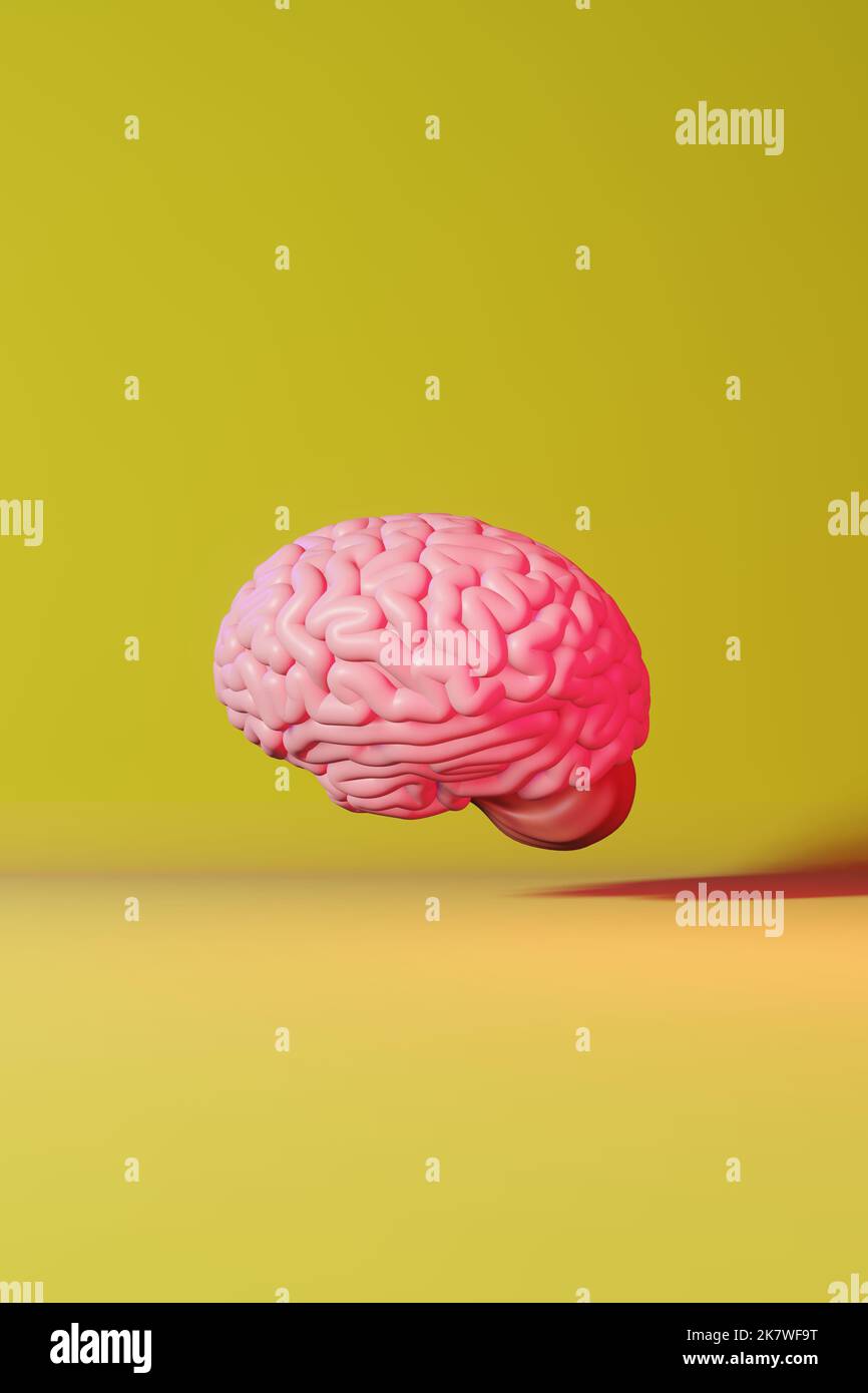 Human brain neon light yellow background 3d rendering. Creative idea ...