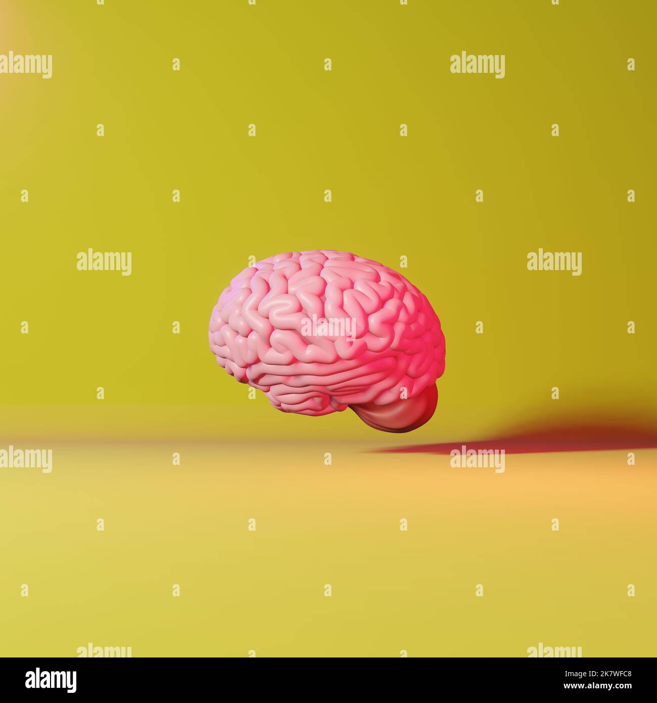 Human brain neon light yellow background 3d rendering. Creative idea ...