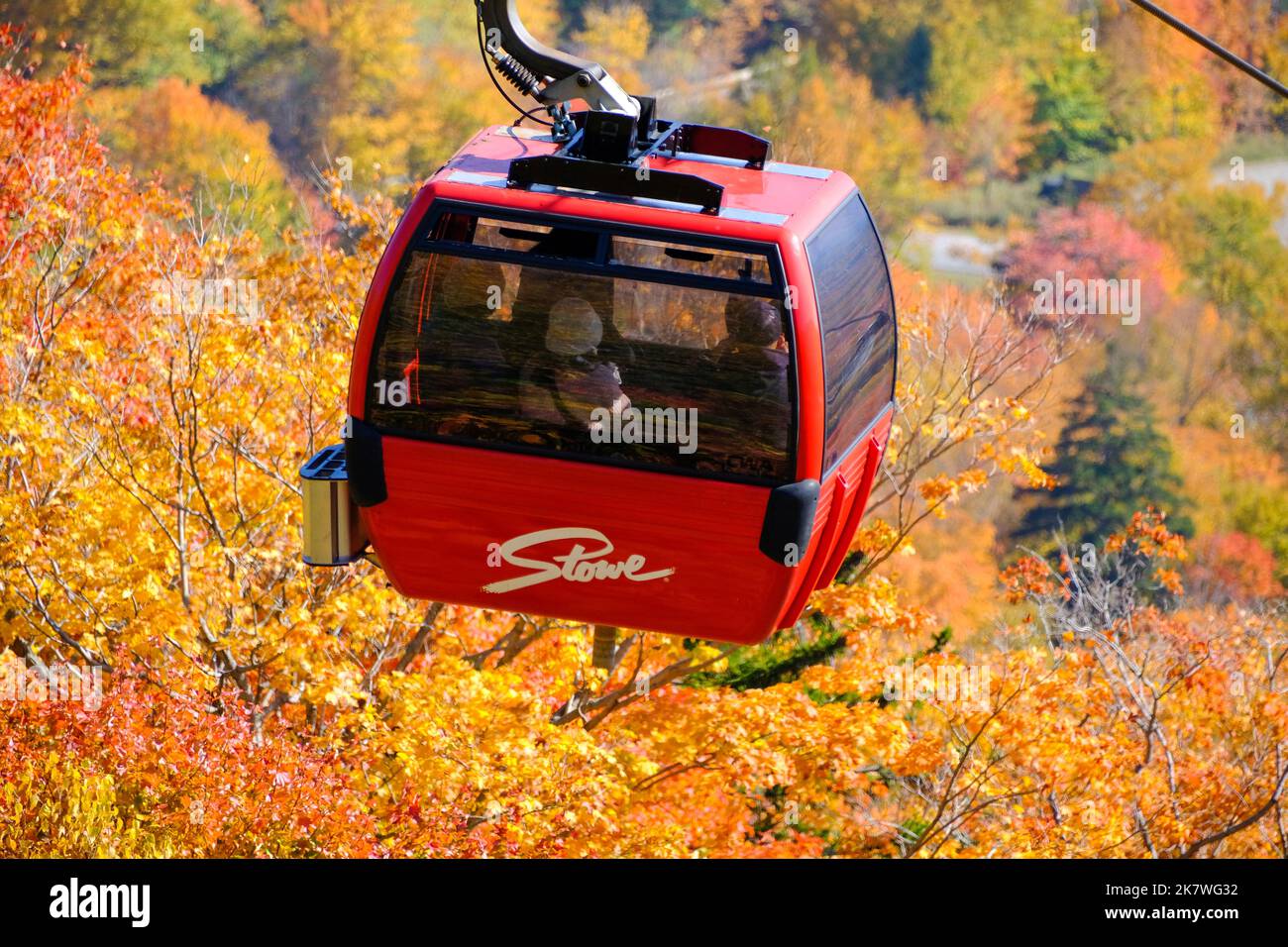 Autumn fall foliage tourists ride the gondola at Stowe Mountain Resort ...