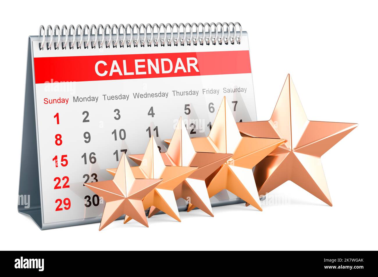 Desk calendar with five golden stars. 3D rendering isolated on white ...