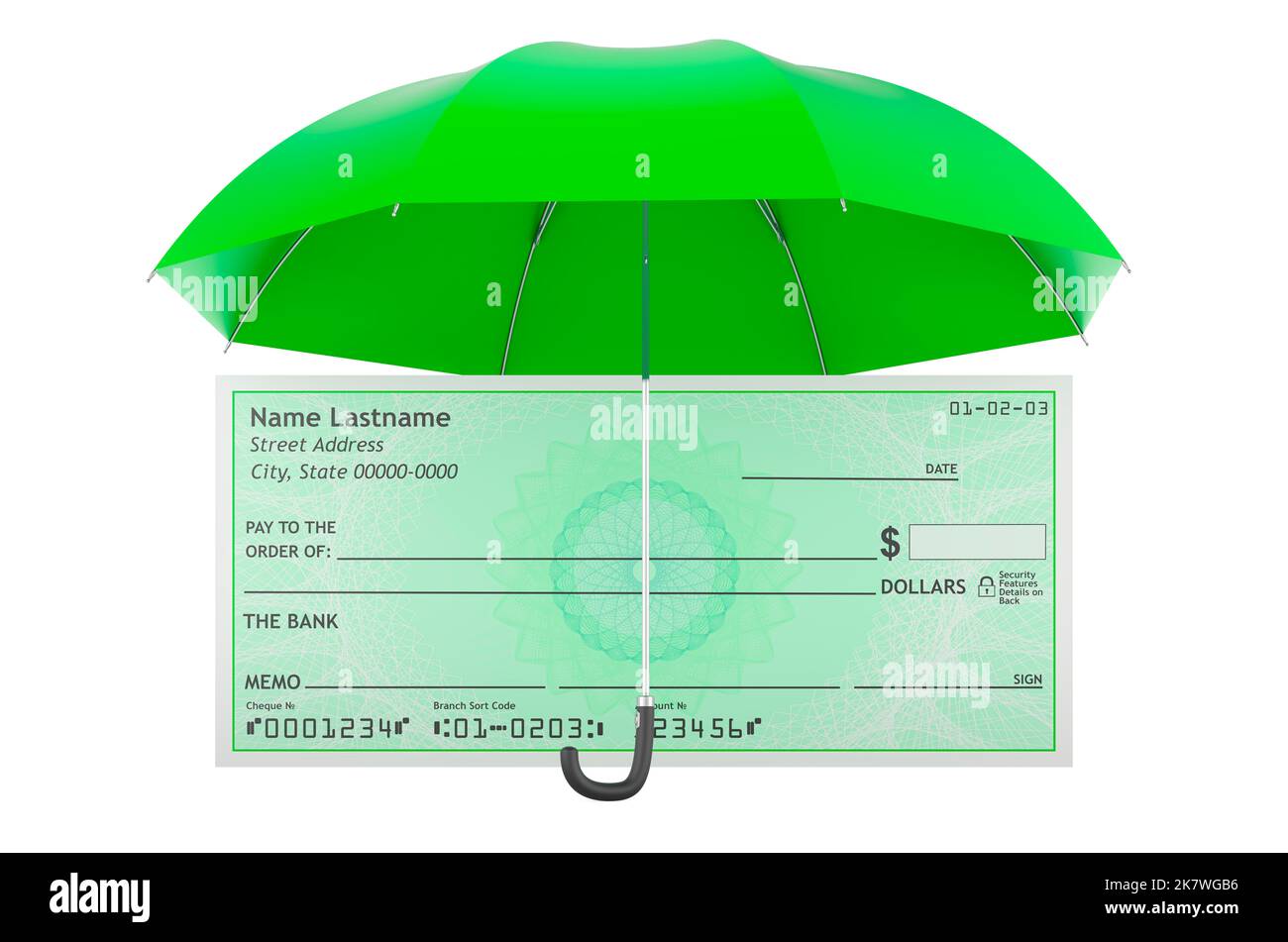 Bank check under umbrella, 3D rendering isolated on white background ...