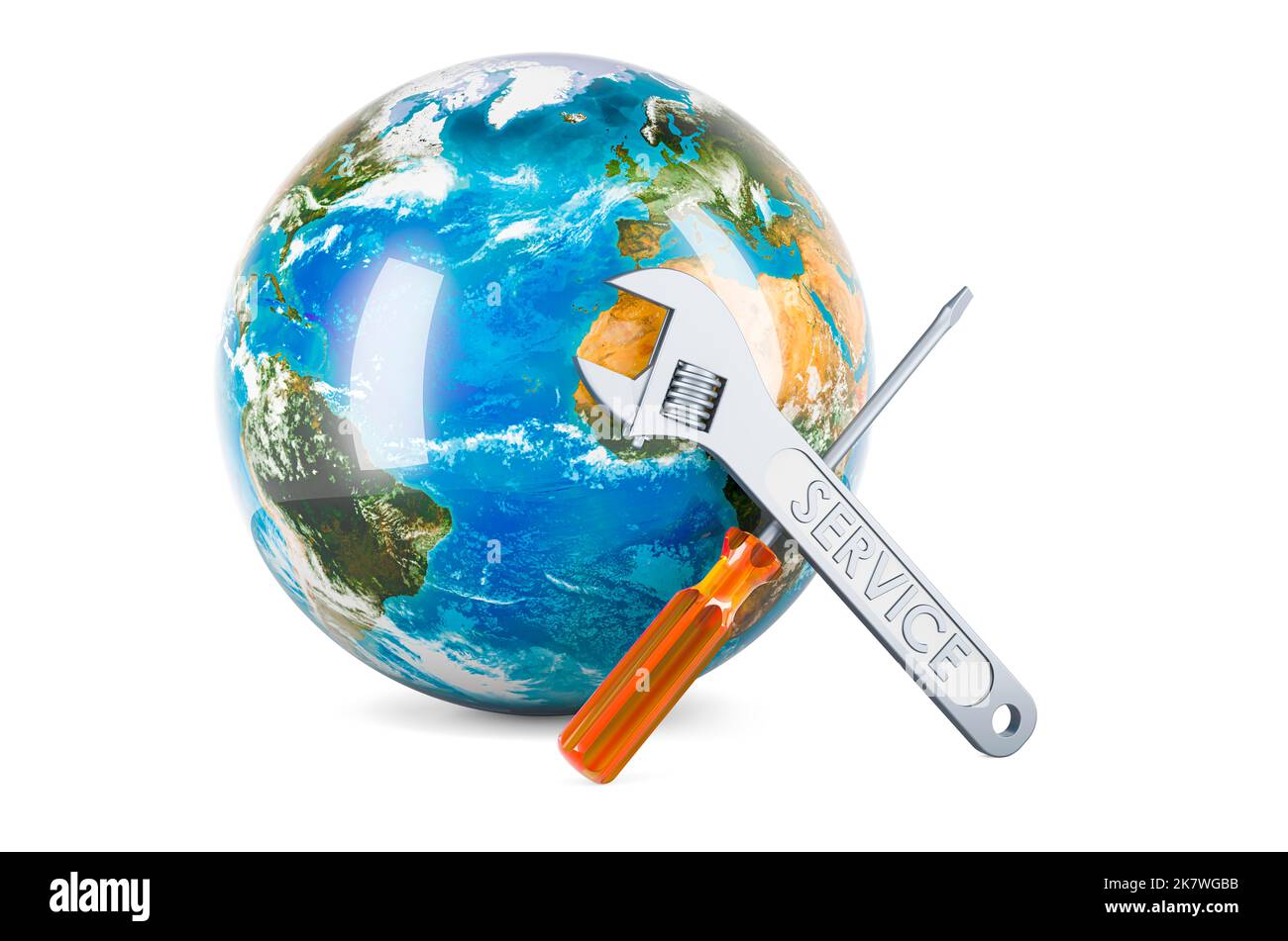 Earth Globe with screwdriver and wrench, 3D rendering isolated on white ...