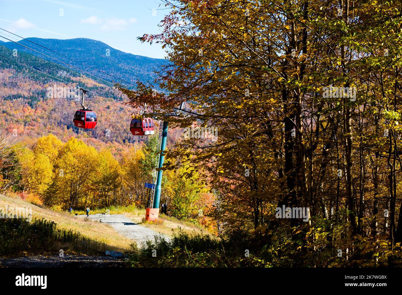Autumn fall foliage tourists ride the gondola at Stowe Mountain Resort ...