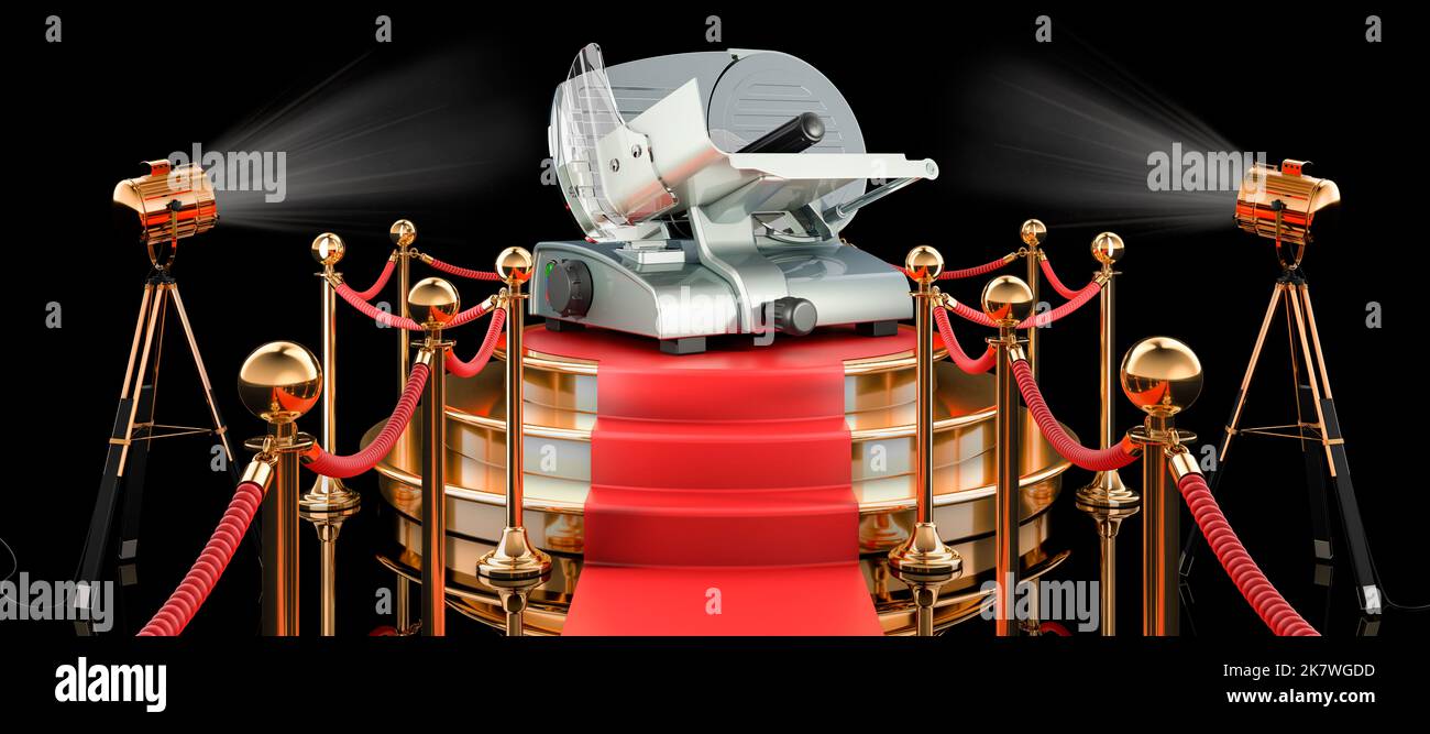 Podium with slicing machine, 3D rendering isolated on black background ...