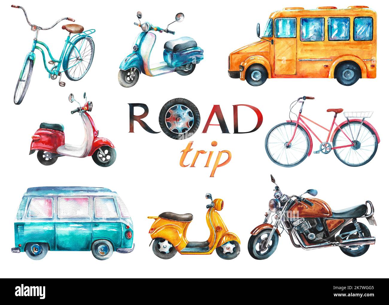 Watercolor collage of vehicles. Bicycle, scooter, school bus, car and ...