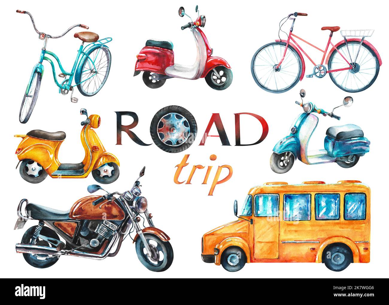 Watercolor collage of vehicles. Bicycle, scooter, school bus, car and ...
