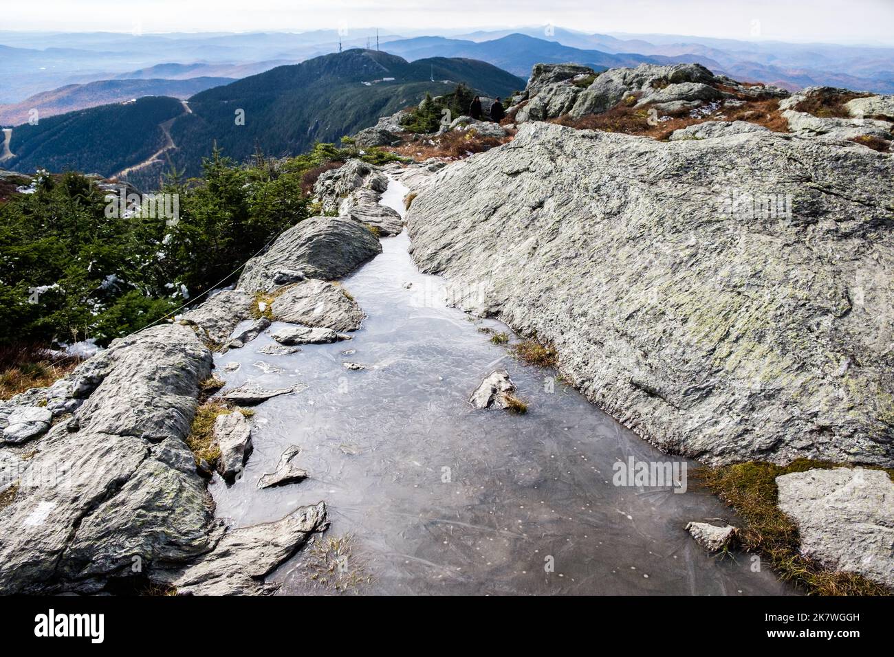 Autumn views and hikers on the summit ("The Chin") of Mt. Mansfield ...