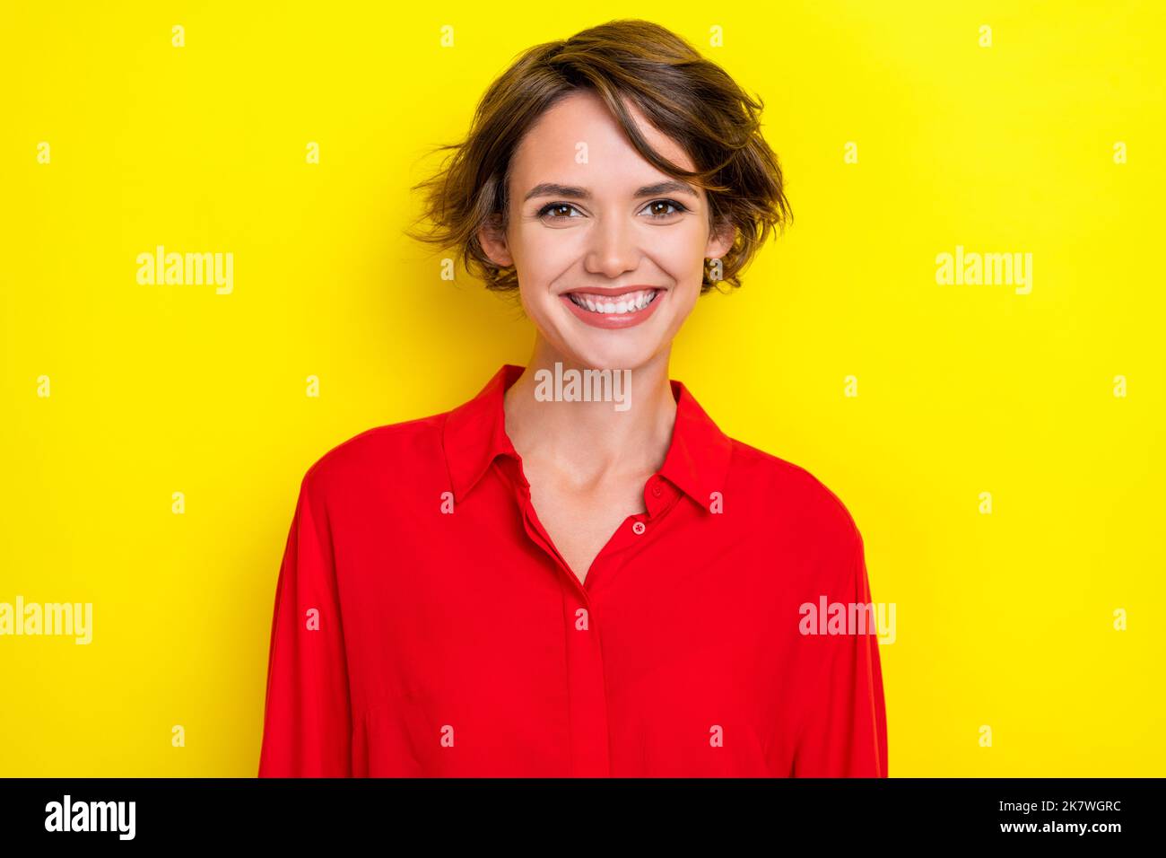 Photo of nice cute satisfied pleasant woman with bob hairstyle dressed ...