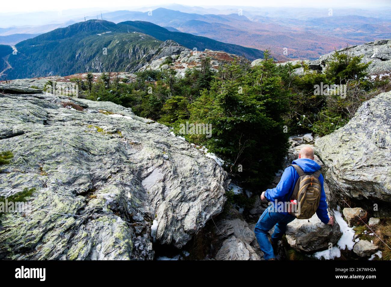 Autumn views and hikers on the summit ("The Chin") of Mt. Mansfield ...