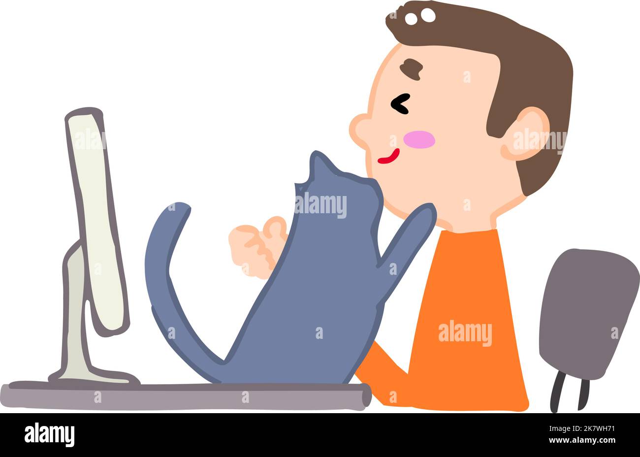 Illustration of a person being disturbed by a cat during remote work ...
