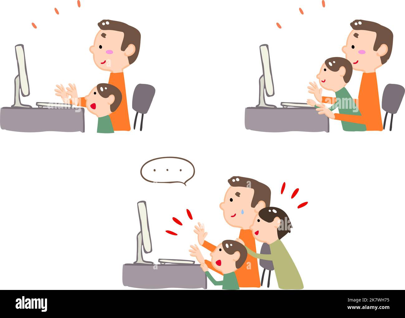 Illustration set of a father who is a partner of a child during remote ...