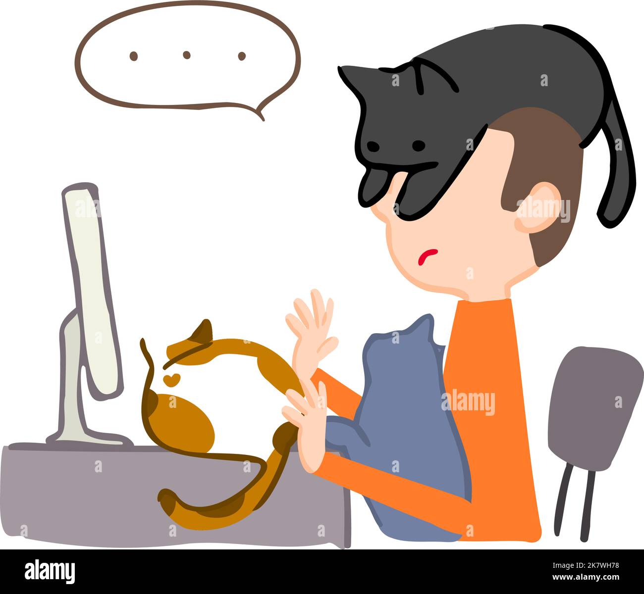 Illustration of a person being disturbed by a cat during remote work ...