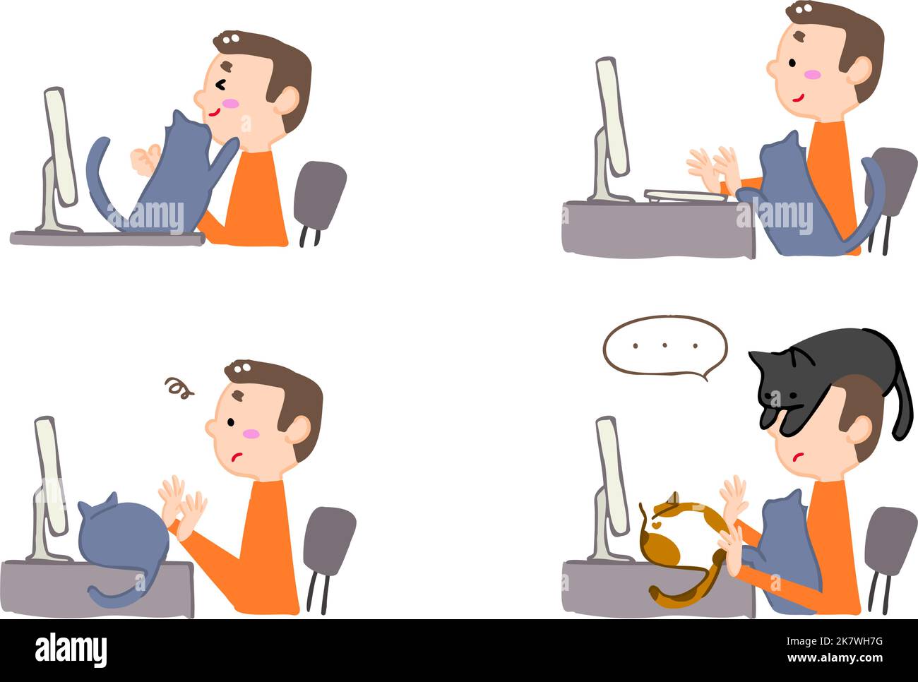 Illustration set of people who are disturbed by cats during remote work ...