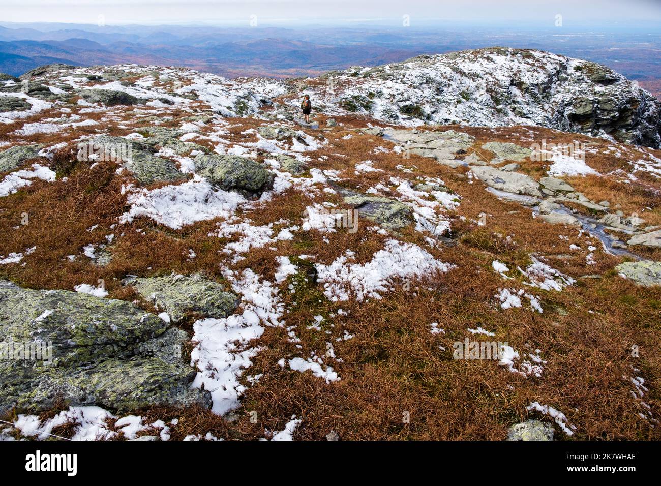 Autumn views and hikers on the summit ("The Chin") of Mt. Mansfield ...