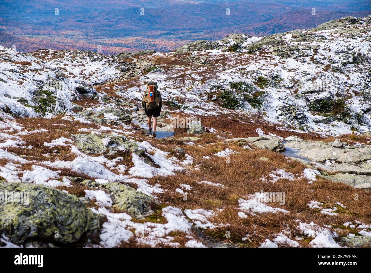 Autumn views and hikers on the summit ("The Chin") of Mt. Mansfield ...