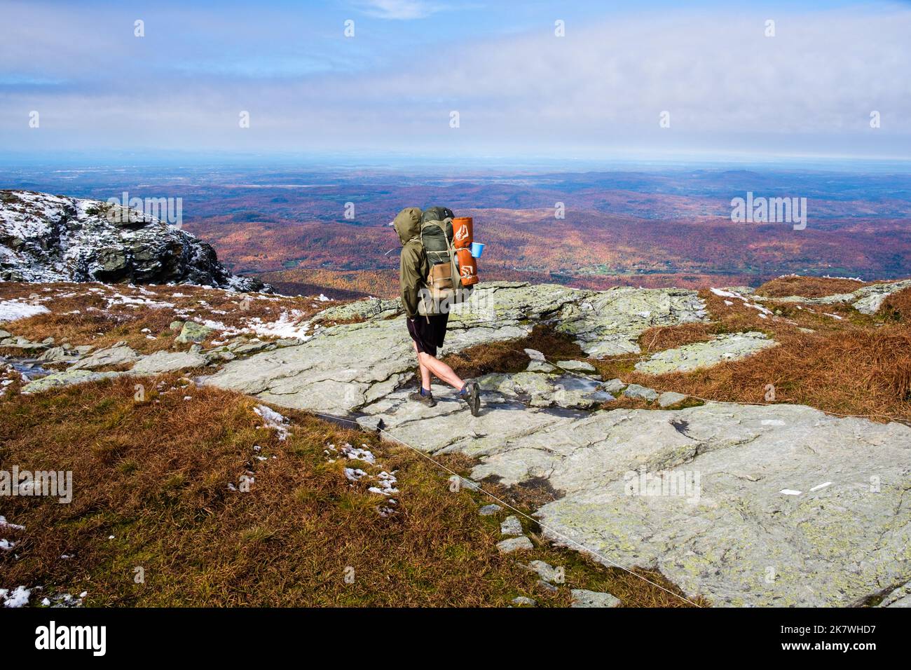 Autumn views and hikers on the summit ("The Chin") of Mt. Mansfield ...