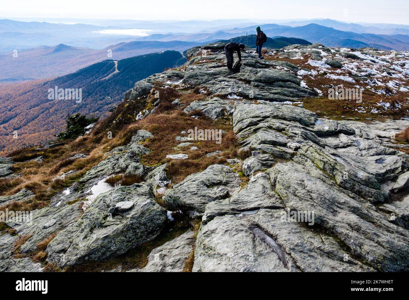 Autumn views and hikers on the summit ("The Chin") of Mt. Mansfield ...