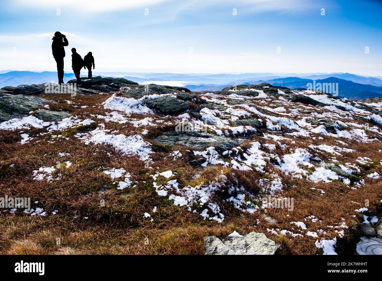 Autumn views and hikers on the summit ("The Chin") of Mt. Mansfield ...