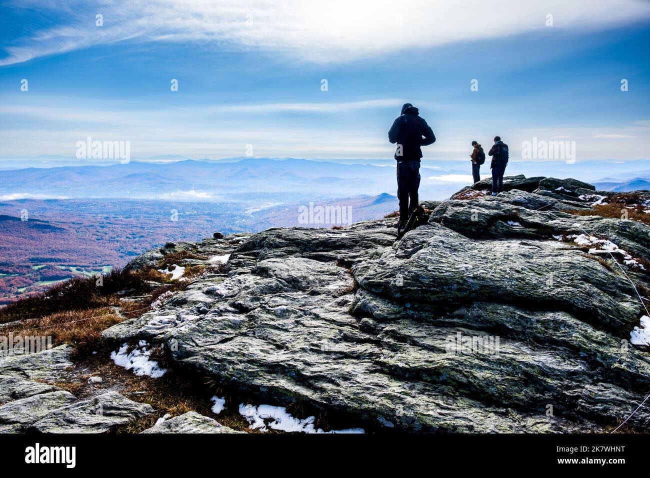 Autumn views and hikers on the summit ("The Chin") of Mt. Mansfield ...