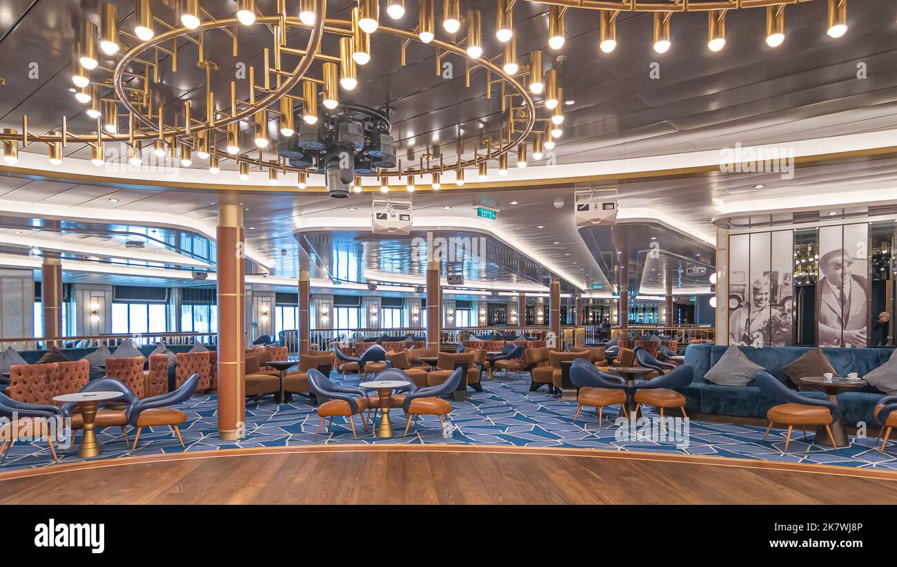 The Grand Bar Mastroianni on deck 6 of the cruise ship Costa Smeralda in the port of Marseille ...