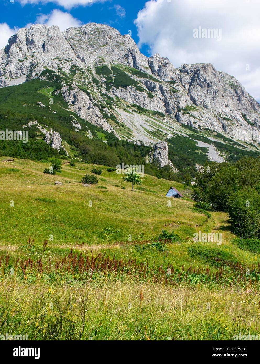 Mountain hut underneath of a mountain peak Stock Photo - Alamy