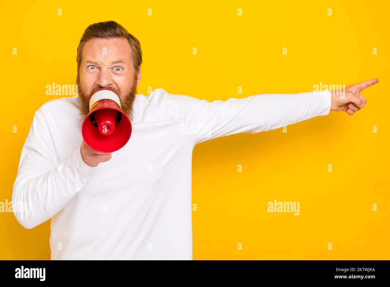 Photo portrait of handsome young man strict boss shout yell order ...
