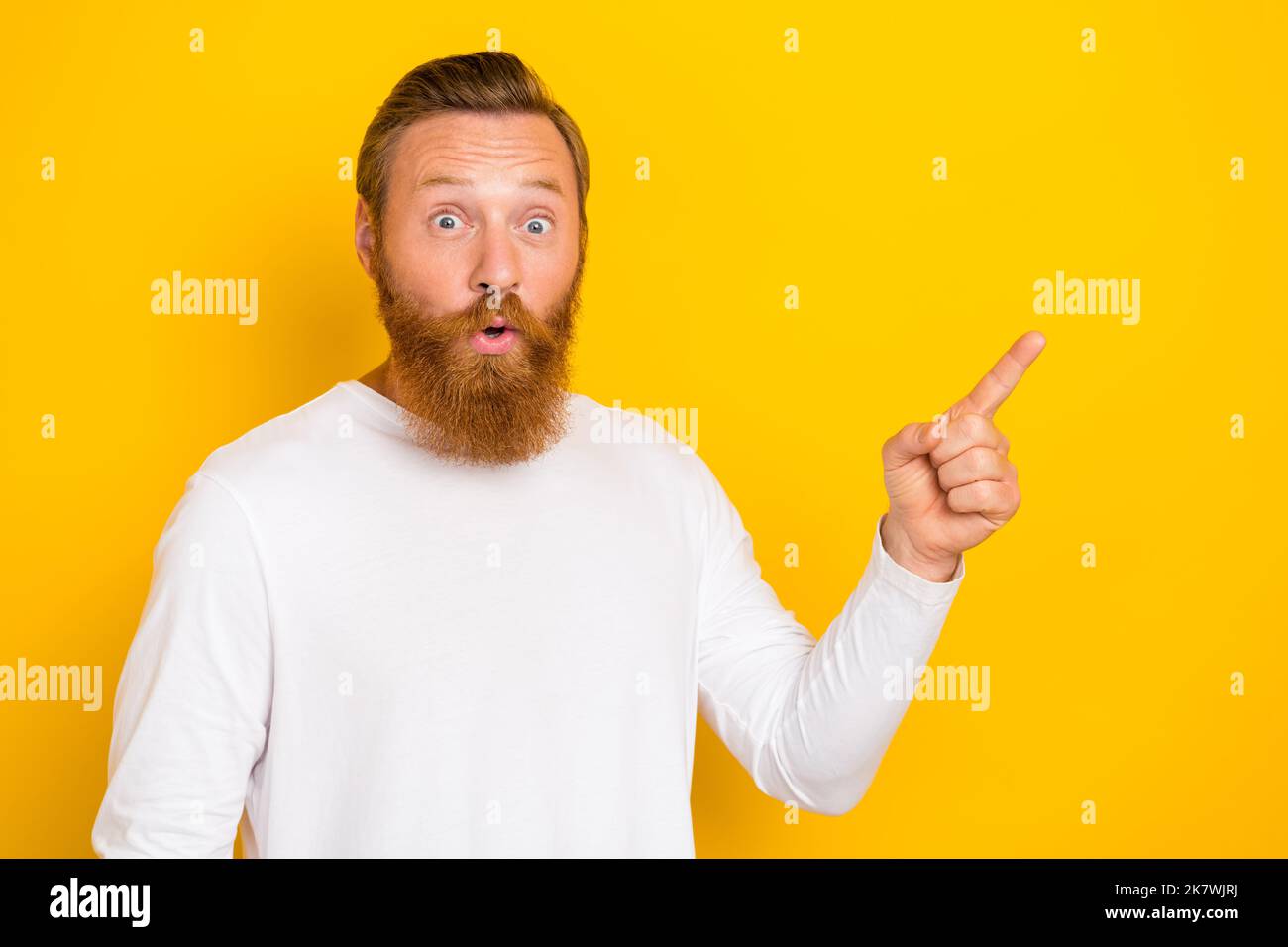 Photo of young funny face redhair man pouted lips speechless reaction ...