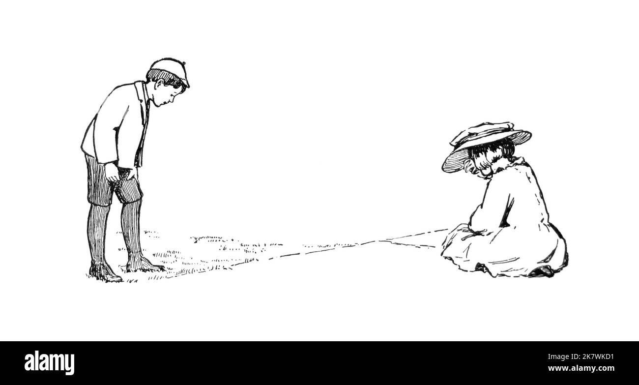 Boy and girl looking at the ground for something lost. Girl is kneeling ...