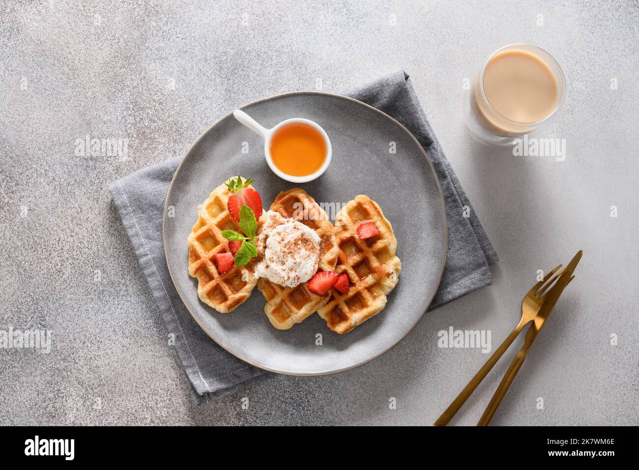Breakfast with croffles and morning coffee on gray background ...
