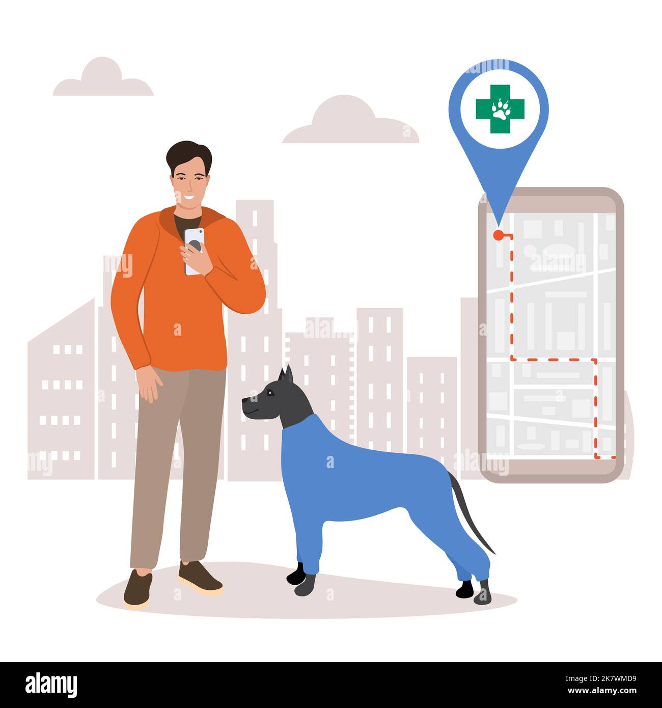 Vector illustration Man uses application on cell phone for search the ...