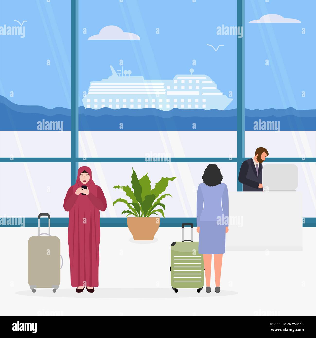 Vector illustration Muslim woman use cell phone, caucasian female with ...