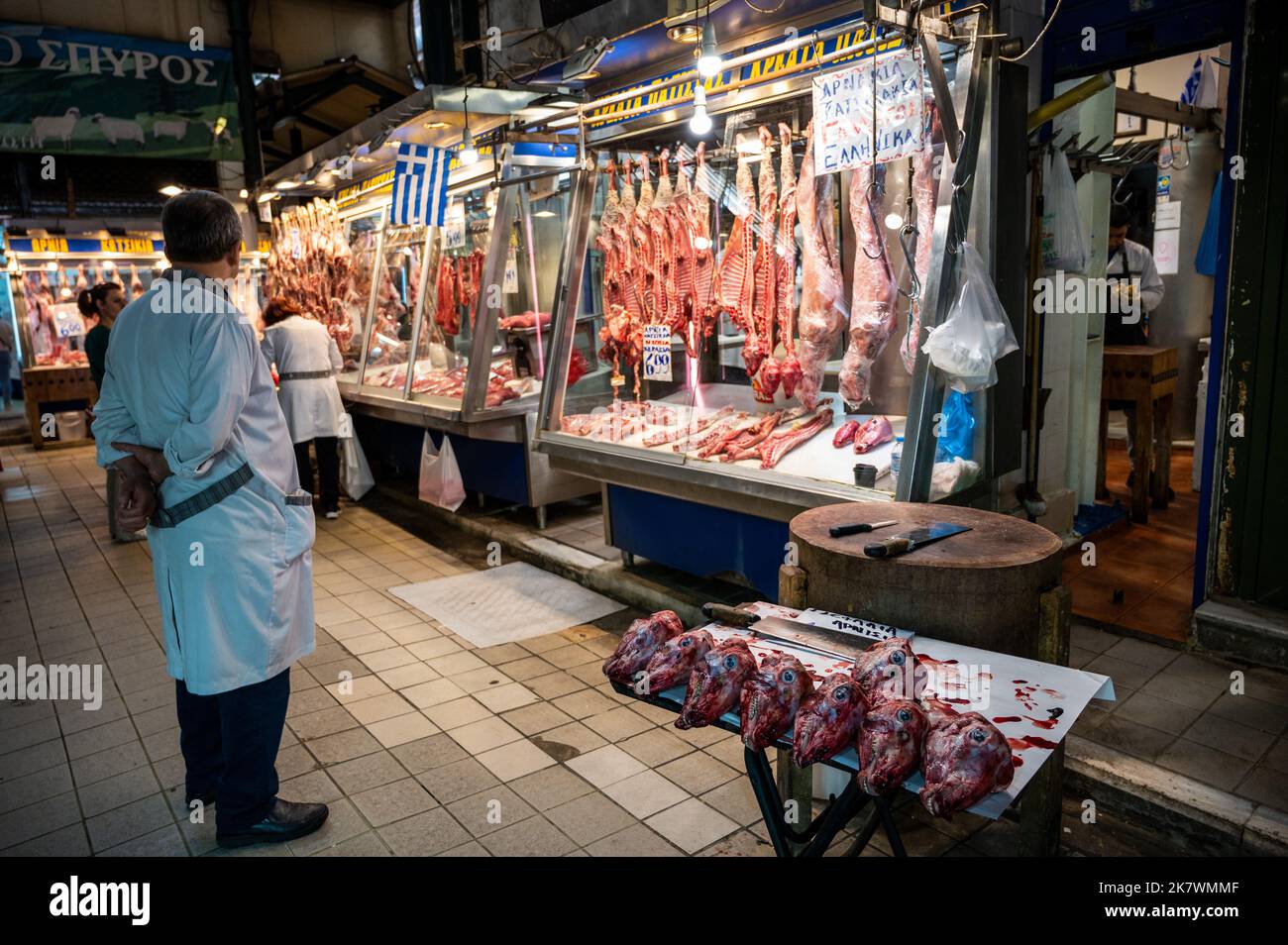 Lambs heads are seen at a meat stall in the Central Market of Athens ...
