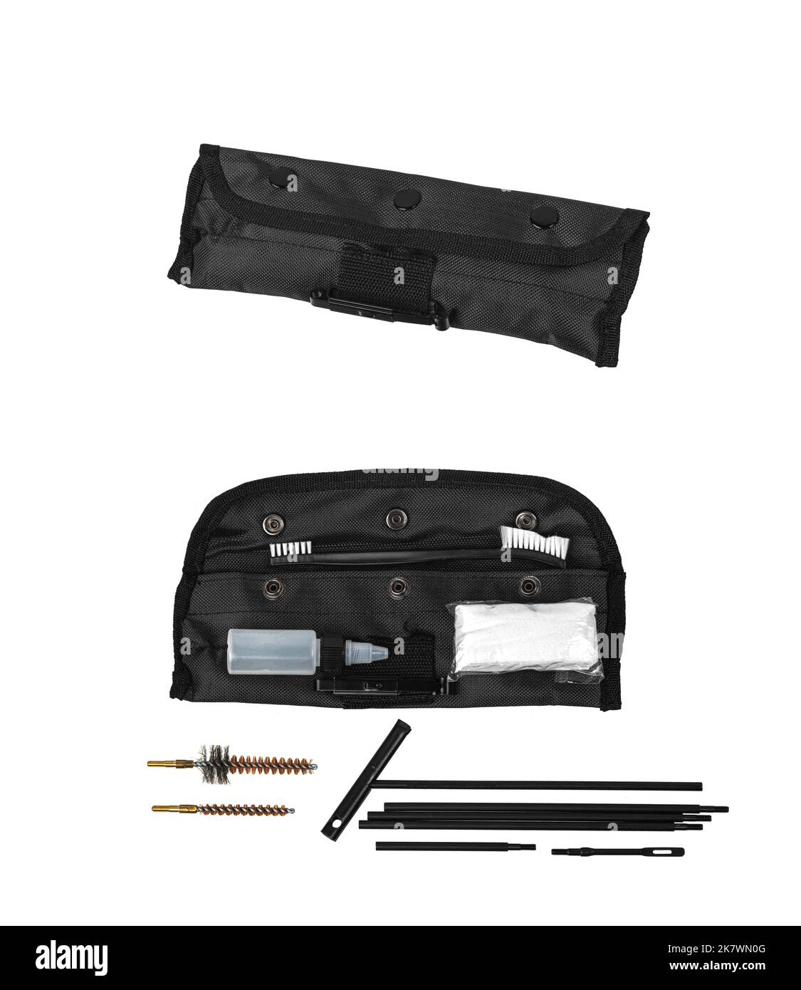 A set for cleaning weapons in a black case isolate on a white ...