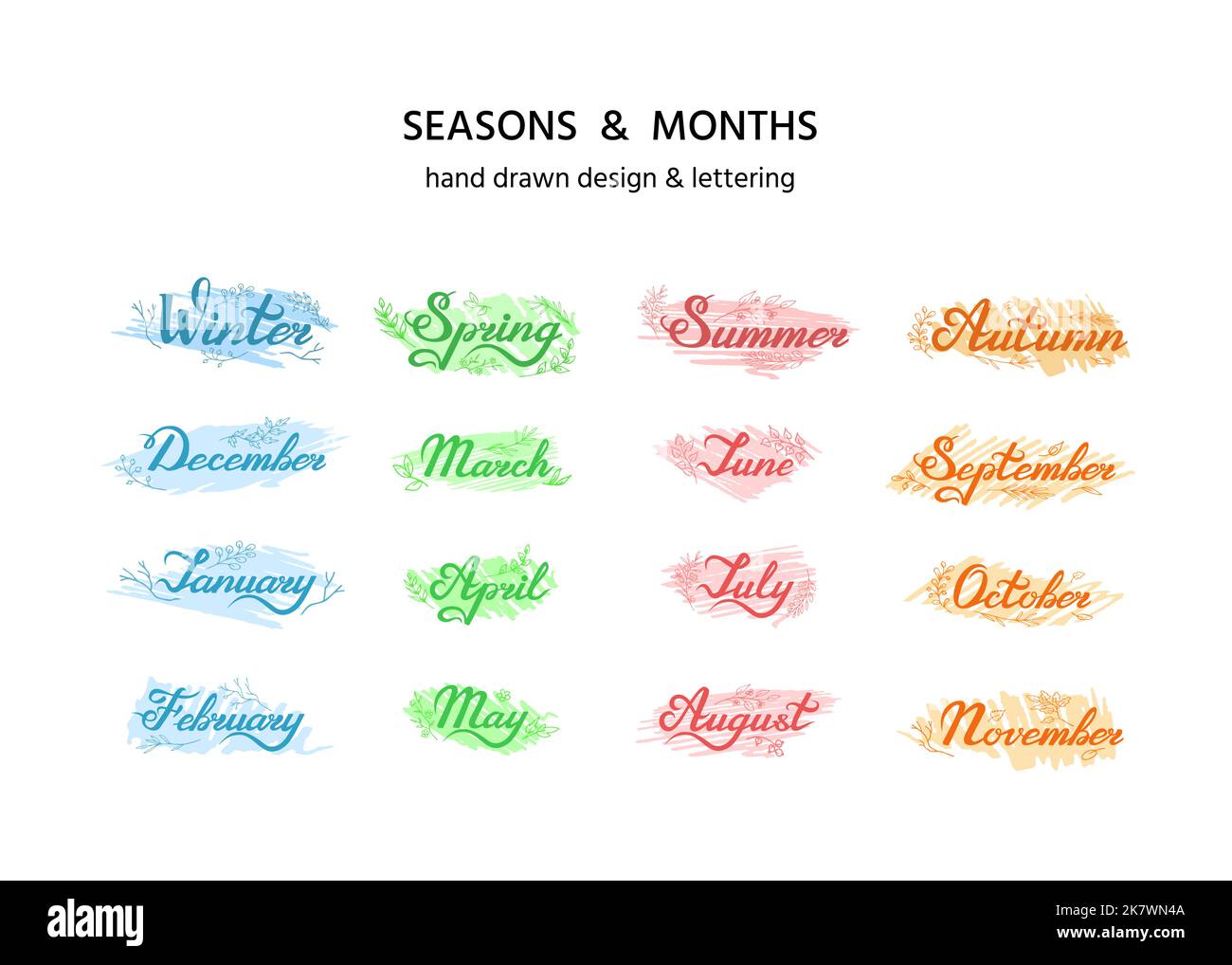 Hand written calligraphy, names of seasons and months, on doodle ...