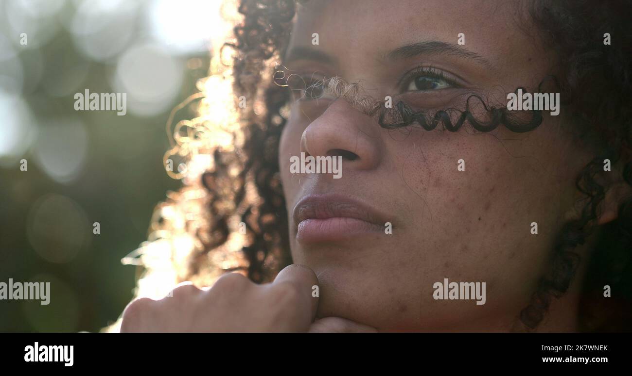 Pensive hispanic woman, latin person thinking about decision. girl in ...