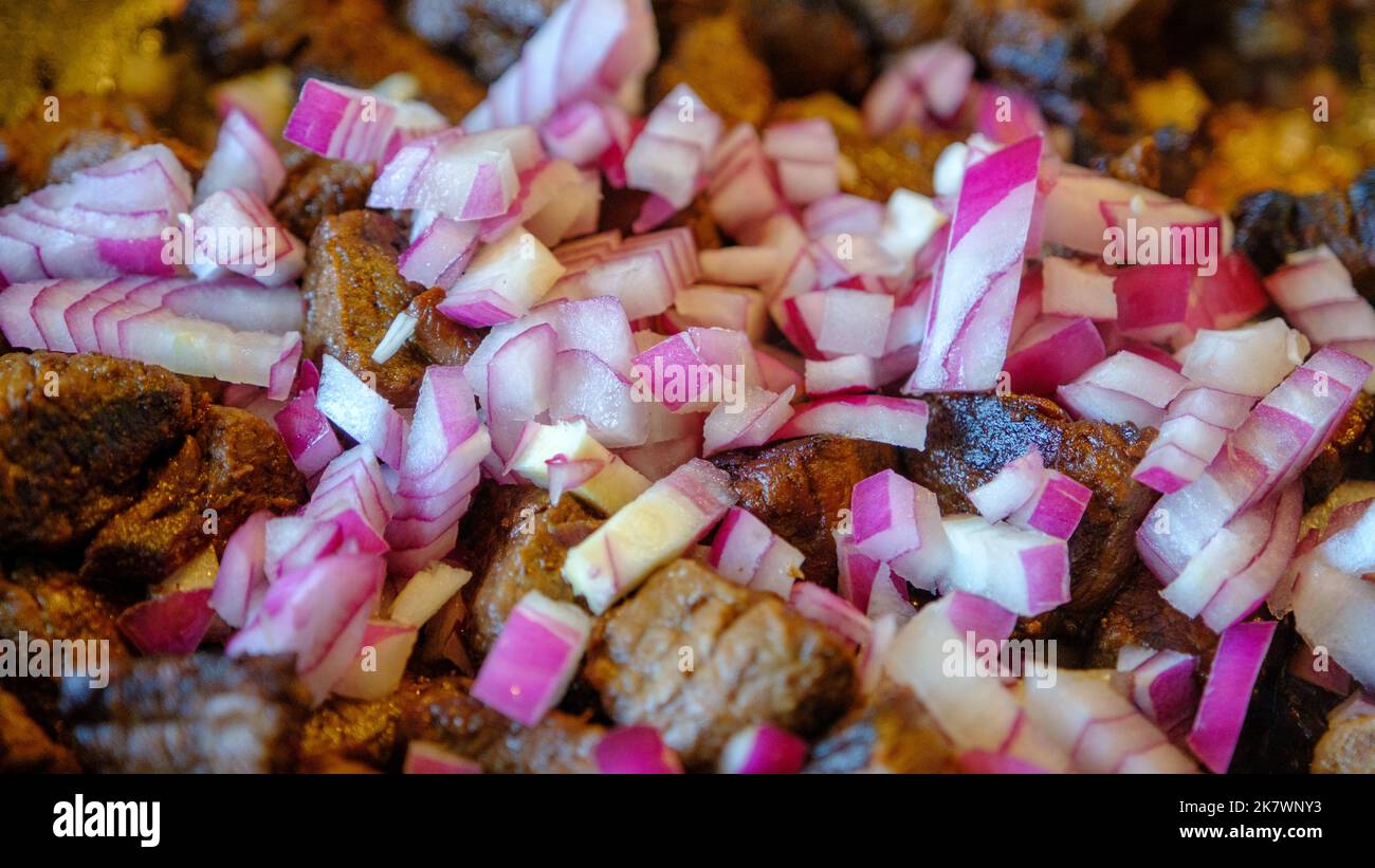 fried organic elk meat in small pieces with onion cubes Stock Photo - Alamy