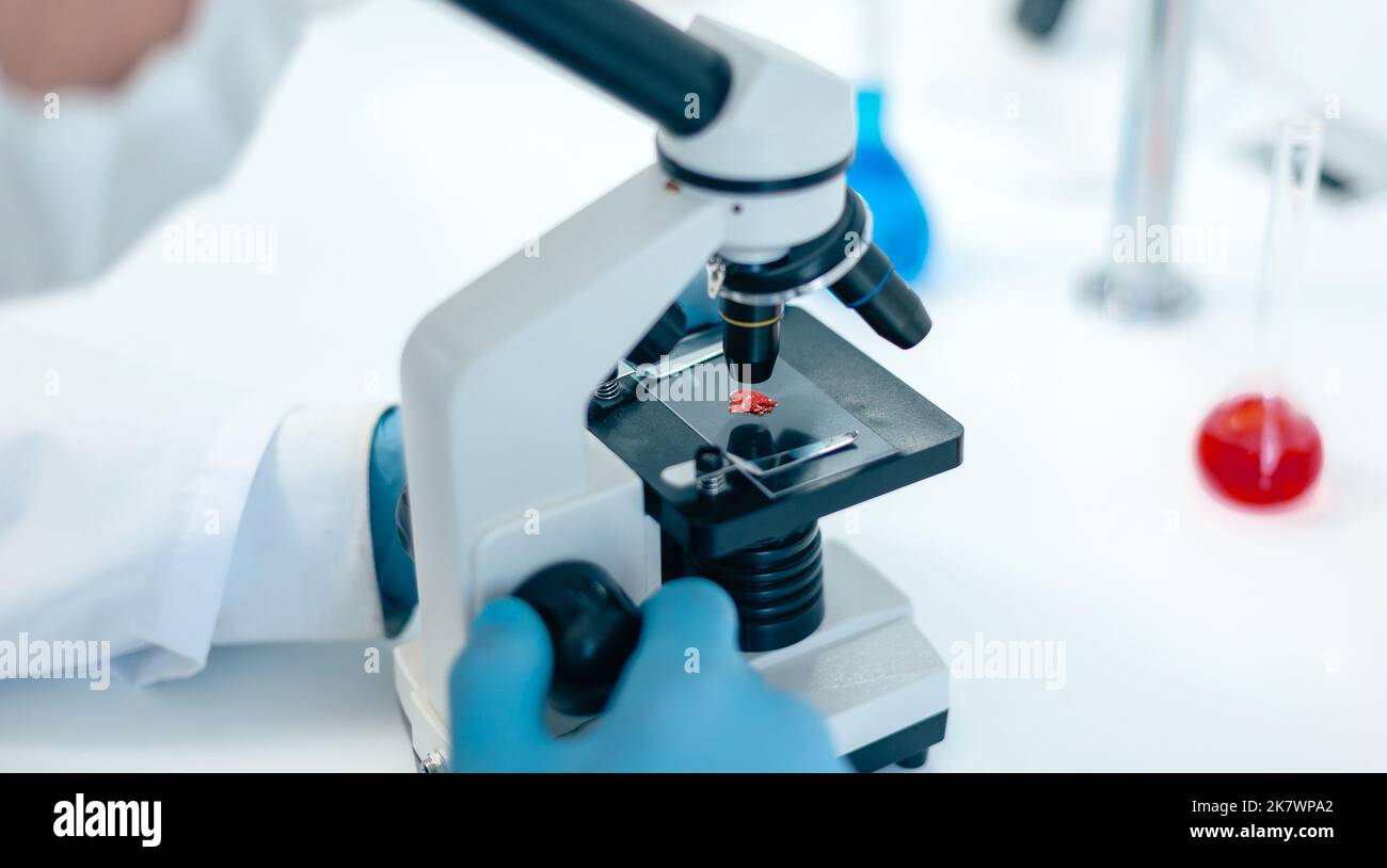 close up. scientist looking at a drop of blood through a microscope ...