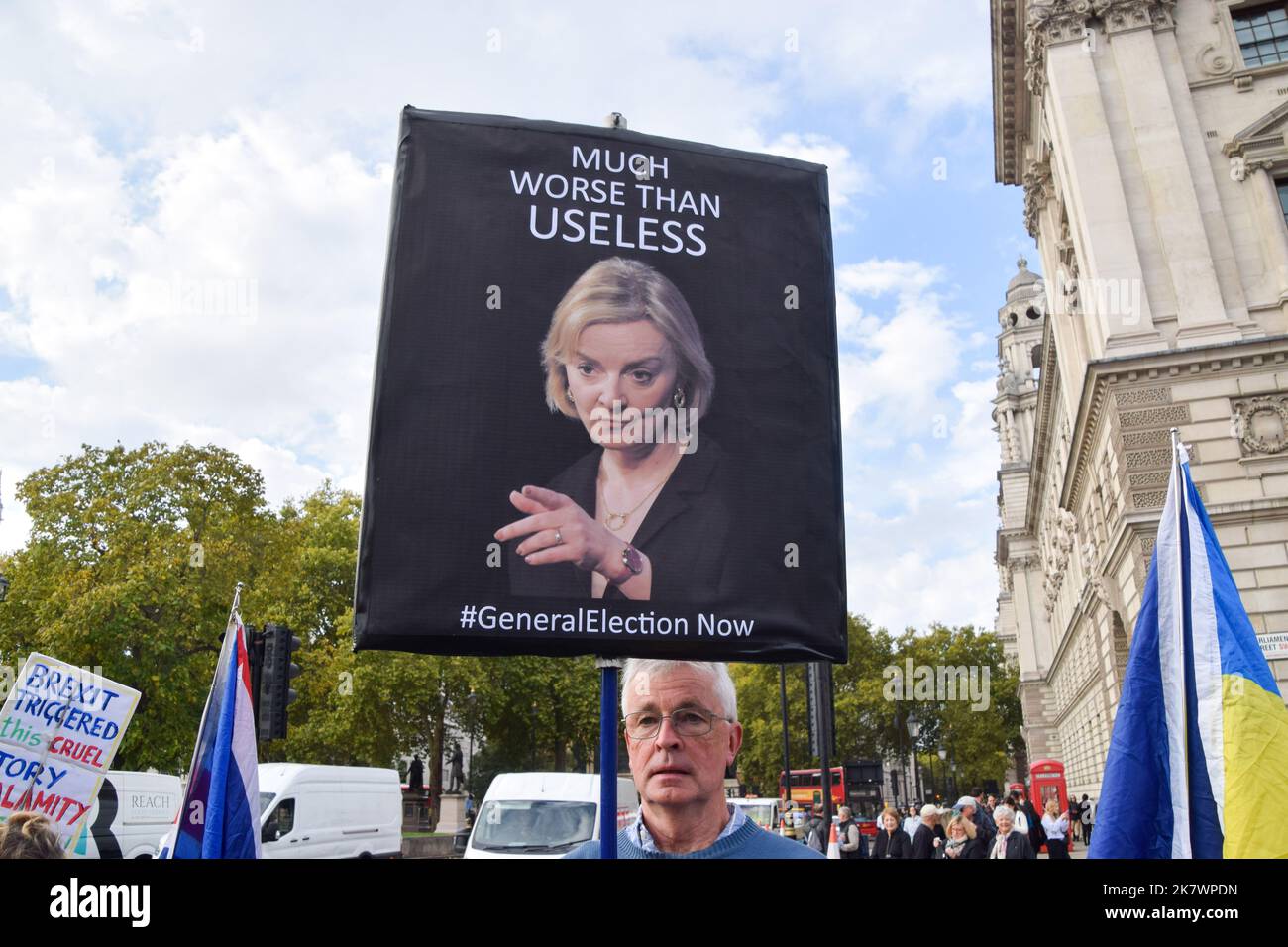 London, UK. 19th October 2022. A protester holds an anti-Liz Truss ... London, UK. 19th October 2022. A protester holds an anti-Liz Truss ...