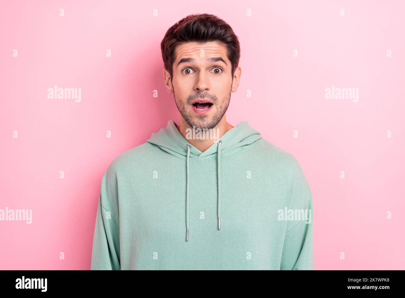 Closeup portrait photo of funny excited shocked guy scary movie open ...