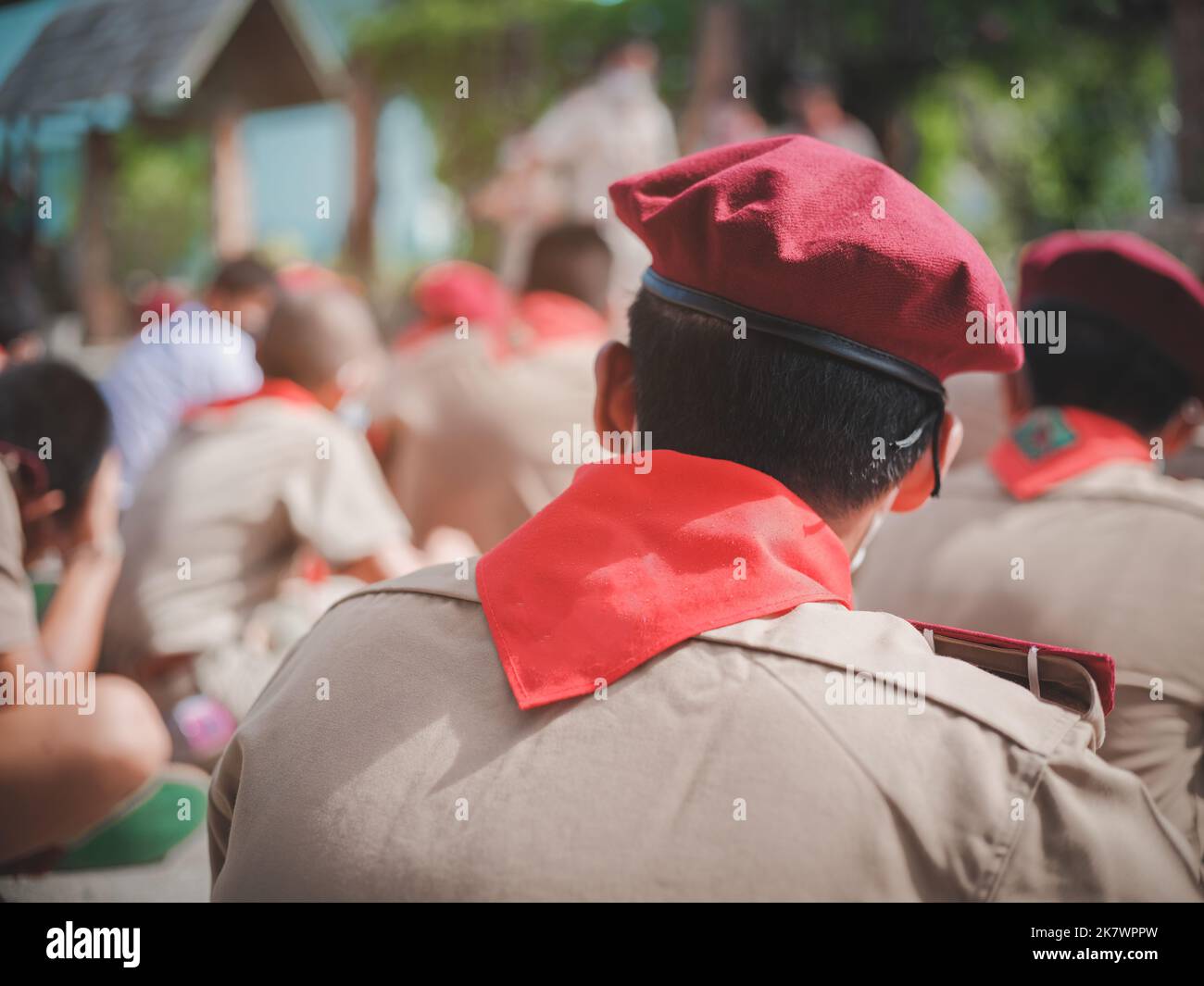 Scout in uniform is listening to his teacher with wear face mask Stock ...